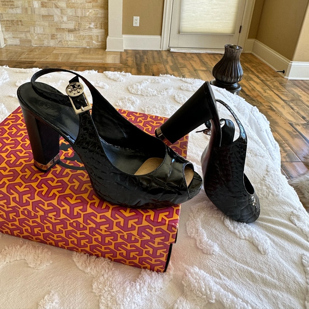 Tory Burch Alison Croc Patent Leather,Sling Back With… - Gem